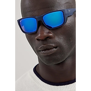 Maui Jim Amberjack Rectangle Sunglasses, Matte Dark Navy W/Black Rubber/Blue Hawaii Polarized, Medium