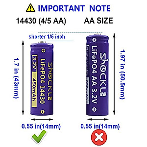 funkawa (2-Pack Shockli 14430 3.2V 450mAh LiFePO4 Rechargeable Solar Battery for Outdoor Solar Garden Light【Shorter Than AA!】