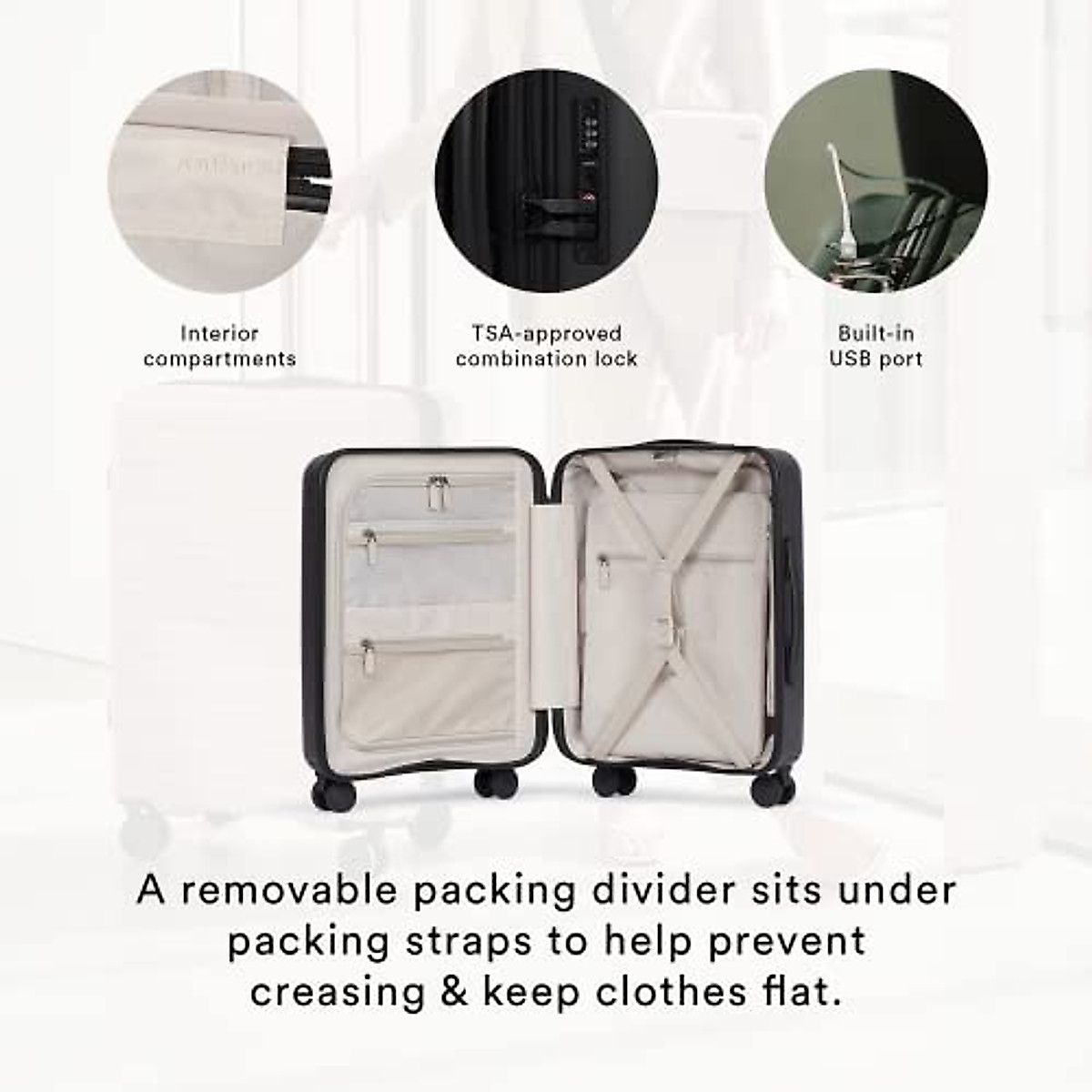 ANTLER | Stamford | 21 Inch Carry On Luggage | Lightweight Suitcase with Wheels and USB Port | Hard Case Luggage | Travel Suitcase with Packing Divider | TSA Approved Lock | Polycarbonate | Black