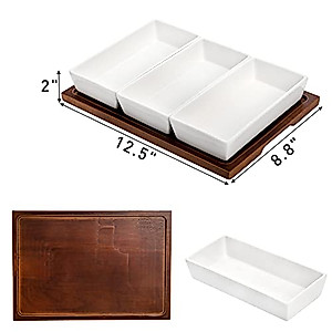 Elsjoy Set of 3 Ceramic Serving Bowls with Wooden Tray, Snack Serving Tray Divided Serving Platter for Appetizer, Fruits, Bread