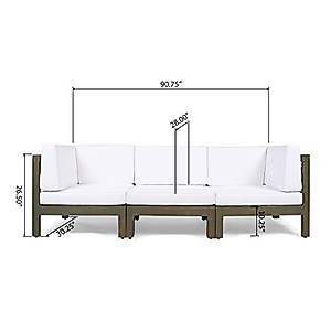 Great Deal Furniture Keith Outdoor Sectional Sofa Set | 3-Seater | Acacia Wood | Water-Resistant Cushions | Gray and White