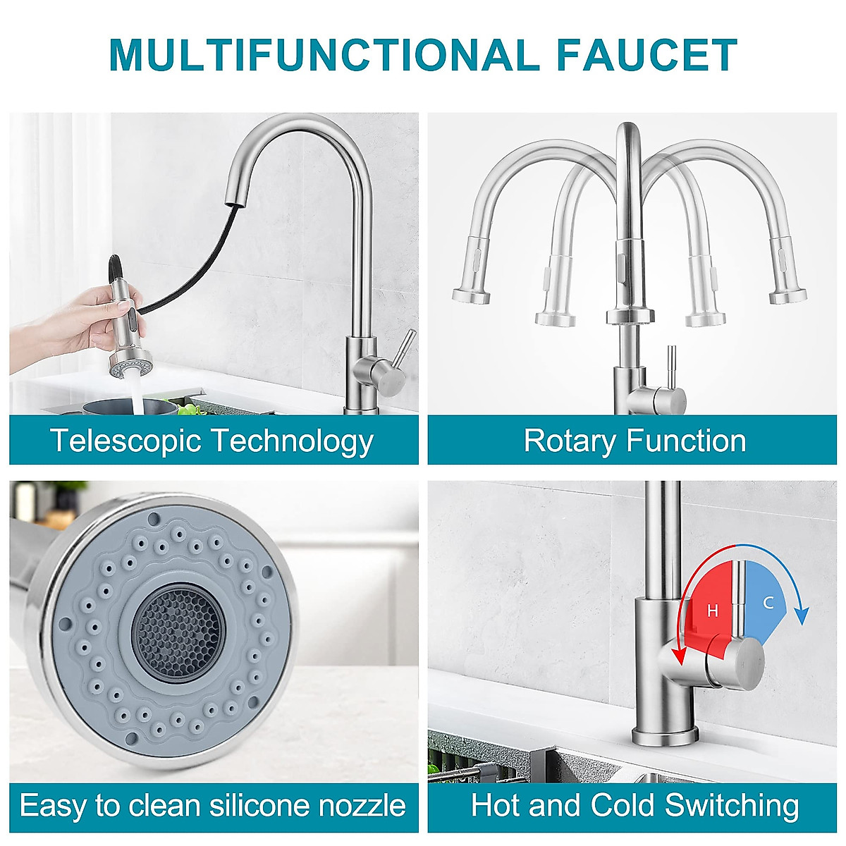 Kitchen Sink Faucets with Pull Down Sprayer, Stainless Steel Brushed Nickel Kitchen Faucets, Single Handle Faucet with Pullout Sprayer, Modern rv Stainless Steel Kitchen Faucets, Grifos De Cocina