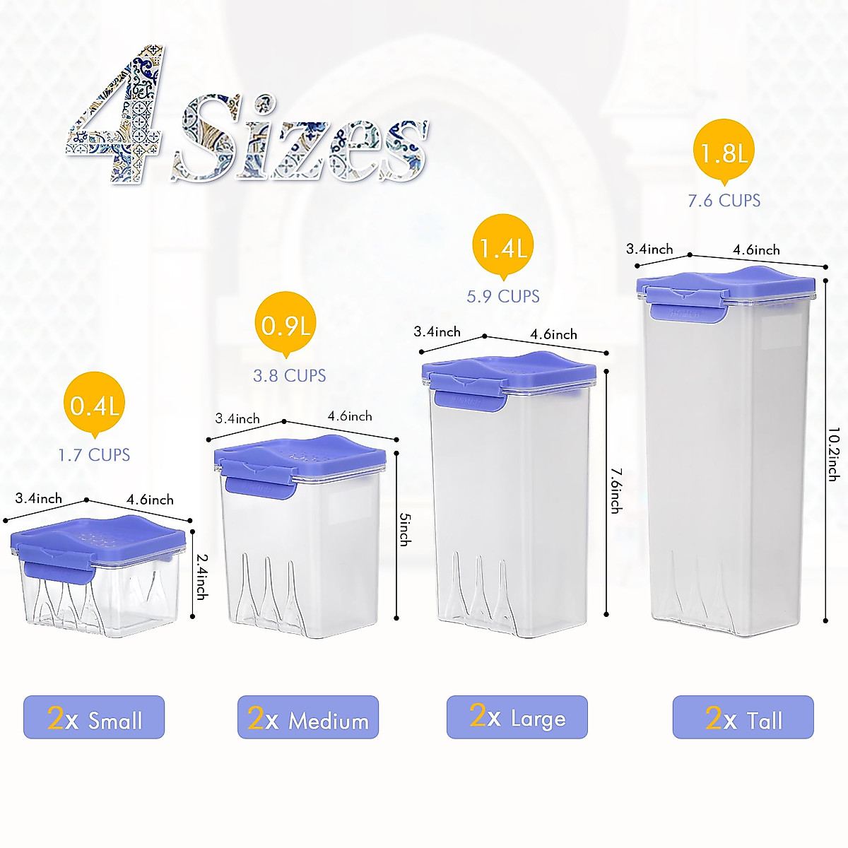 HOMER 8-Piece Moroccan Style Airtight Food Storage Containers - Versatile Kitchen Organizers with Easy Lock Sealing Lids - Includes Tall, Medium, Small & Mini Sizes - BPA-Free - Bonus Labels & Marker