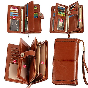 Pearl Angeli Women Wallet Genuine Leather Charming Ladies Wristlet Tri-fold Rfid Blocking Credit Card Holder Organizer Clutch（Brown）