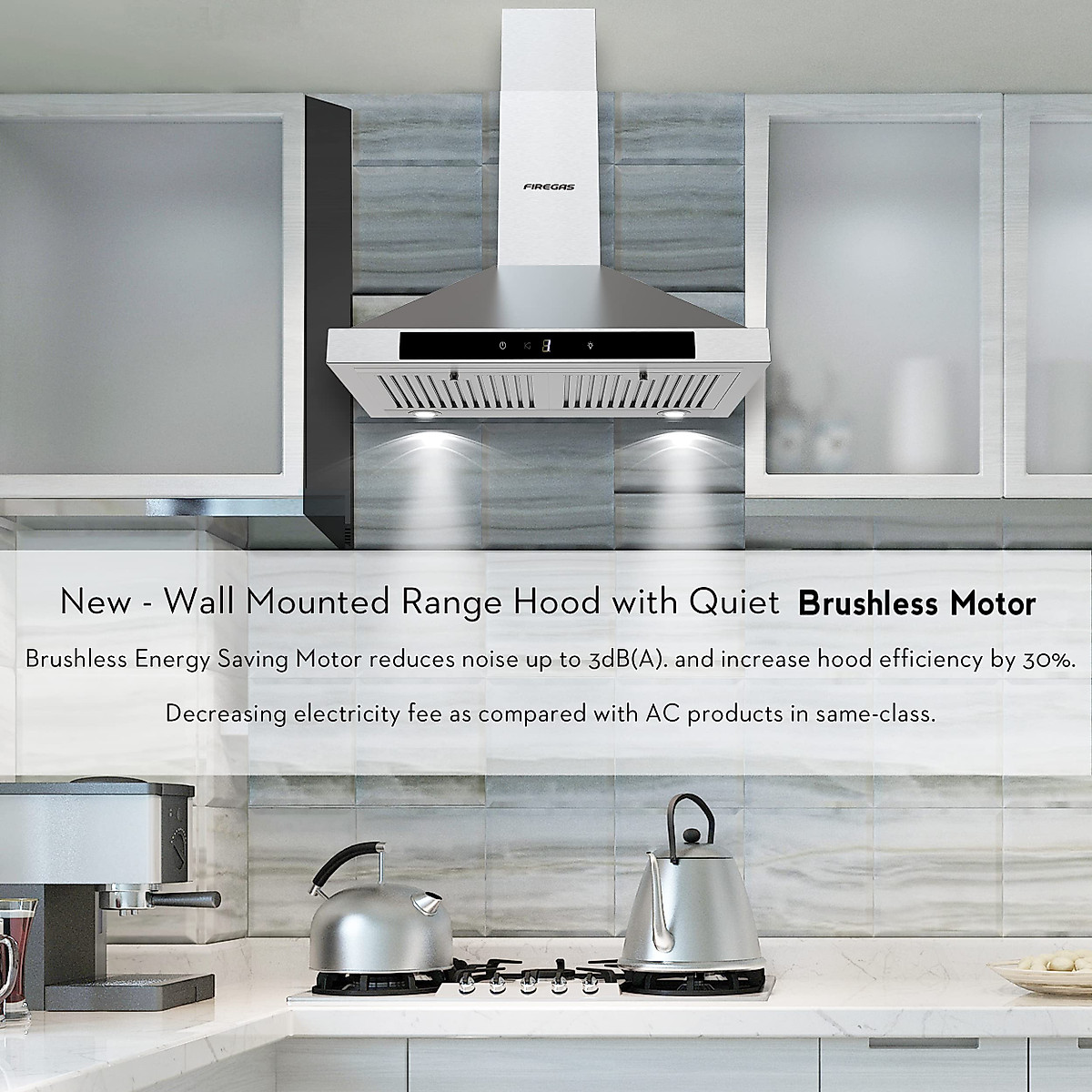 FIREGAS Wall Mount Range Hood 30 in. With 450 CFM Brushless DC Motor,9 Speed Exhaust Fan,LED Light,Soft Touch Control,Buffle Filter, Charcoal Filter included for Ducted/Ductless Range Hood Convertible