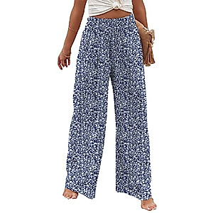 JASPAL Women Casual High Waisted Palazzo Pants Wide Leg Long Lounge Trendy Trousers with Pocket-L-Blue White Flower