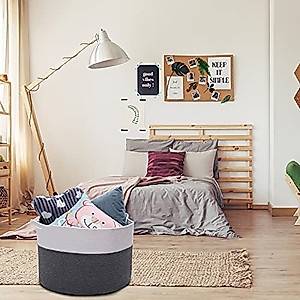 Extra Large Storage Basket, Woven Cotton Rope Blanket Basket for Nursery and Home, Fabric Laundry Basket with Handles for Living Room, Laundry Room, Kids Room and Bedroom, White and Gray