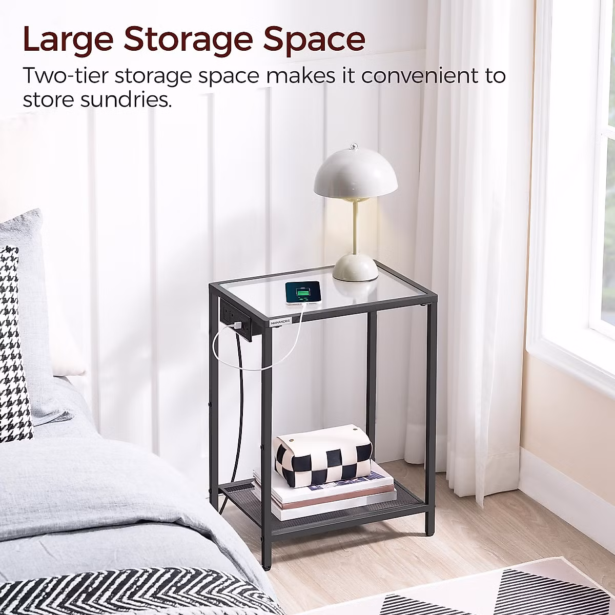 MAHANCRIS End Table with Charging Station and Side Tables with Charging Station bundle，Narrow Side Table for Small Spaces，2-Tier Nightstand with Tempered Glass Top，for Bedroom，Living Room ETWT18E01Z-E