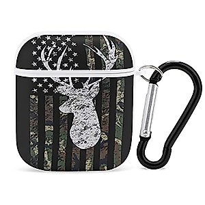 Shockproof Case Cover Compatible with AirPods 1 / 2 Wireless Charging Case Deer Camo Camouflage American Flag Hunting Black, Full Protective Plastic Cover with Keychain, LED Visible - White