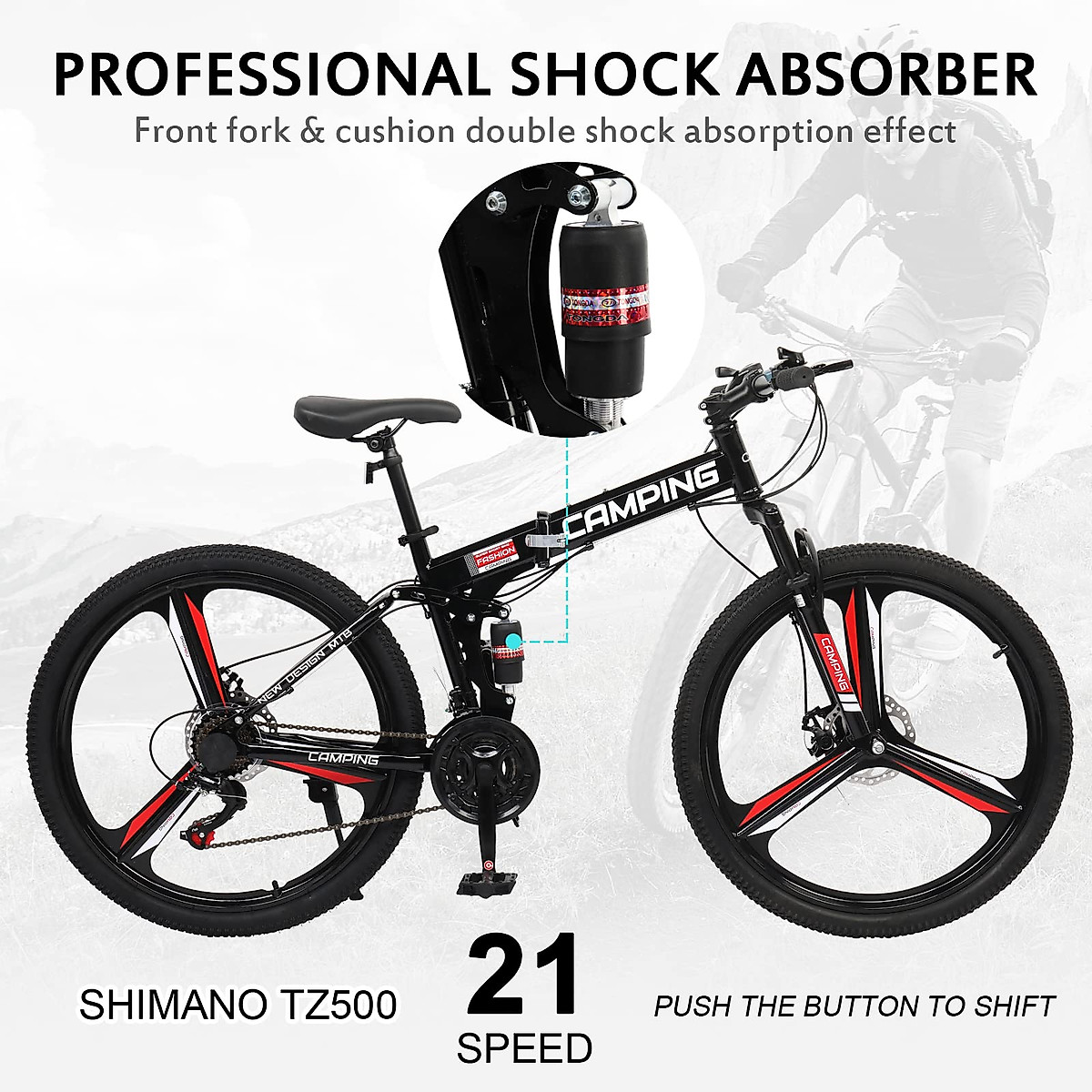 Ktaxon Foldable Mountain Bike 26 Inch Bike 21-Speed Bikes for Adults with Cool Design, Powerful Mechanical Dual Disc Brakes, Double Shock Effect and Ergonomic Cushion (Black)