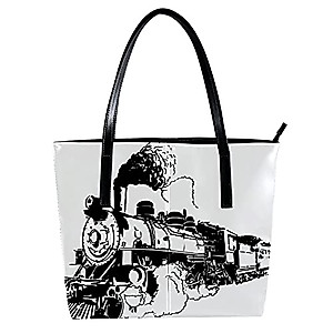 Tote Shoulder Bag for Women, Large Leather Handbags for Travel Work Beach Outdoors Old Black Train