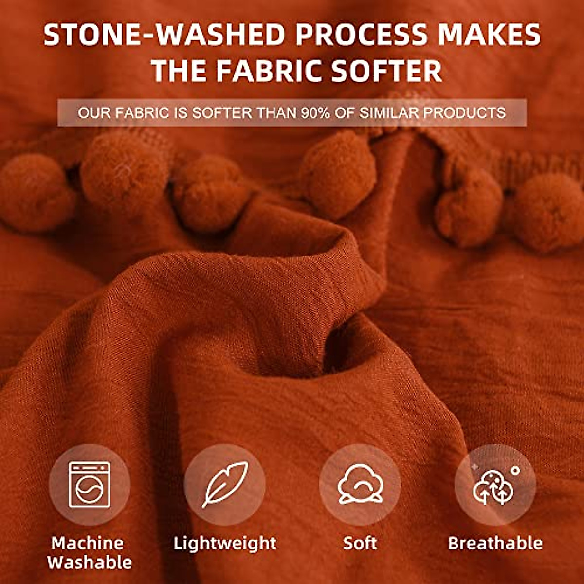 Sanracie Terracotta Comforters Queen Size Set Boho,Burnt Orange Pom Pom Farmhouse Bedding Sets Queen Bed Comforter Set 3 Pieces