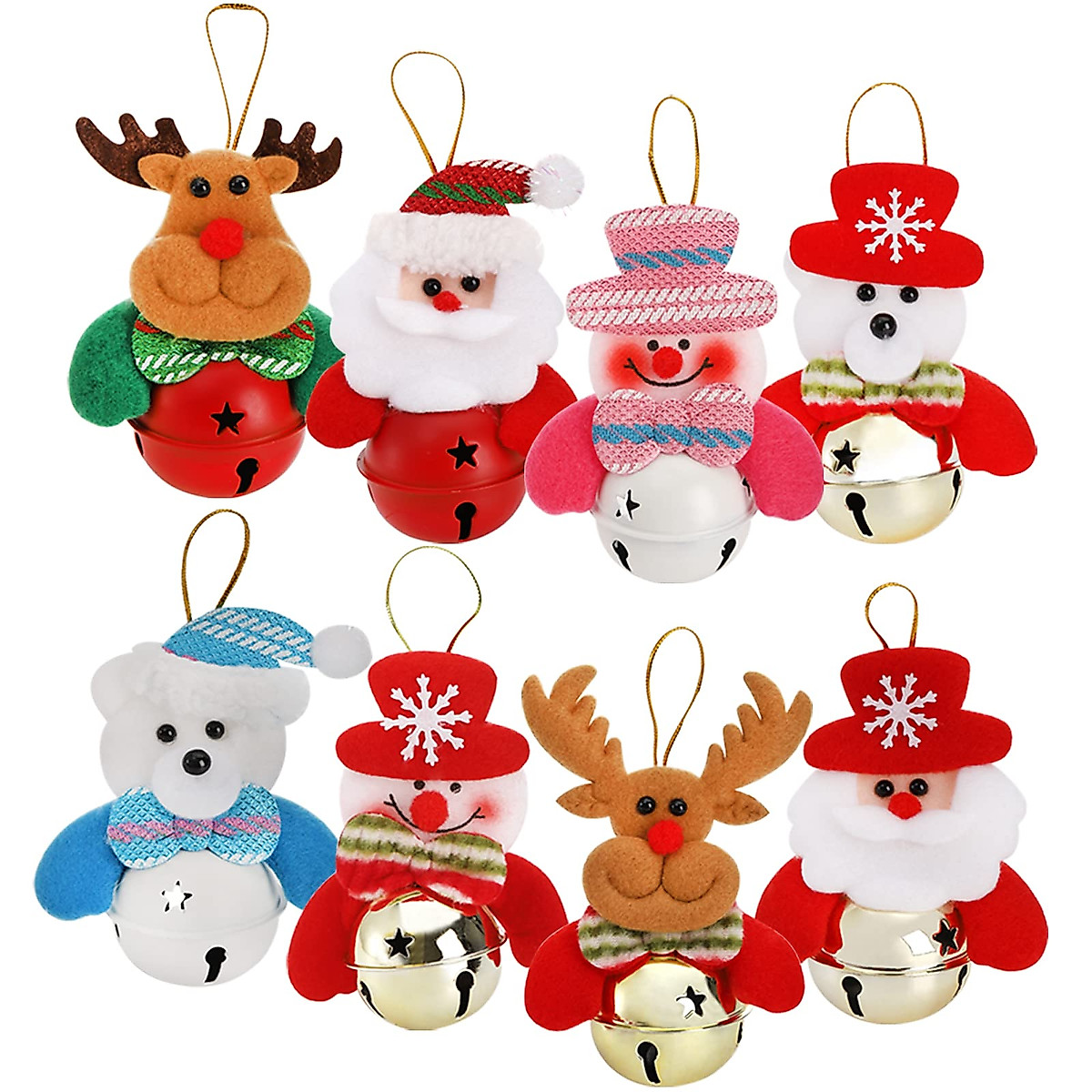 TOPZEA 16Pcs Christmas Bells Ornaments Pendant, Hanging Jingle Bells Felt Bulk Xmas Tree Decorations Santa Clause Snowman Reindeer Doll Elk Bear Ornament for Christmas, Door Home Decor