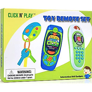 Click N' Play Pretend Play Cell Phone TV Remote & Car Key Accessory Playset for Kids with Lights Music & Sounds (Set of 3)