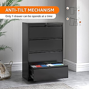 METAN Lateral 4 Drawer File Cabinet, Locking Metal File Cabinet for Home Office, Steel Lateral File Cabinet for Letter Legal Size, Assembly Required, Black