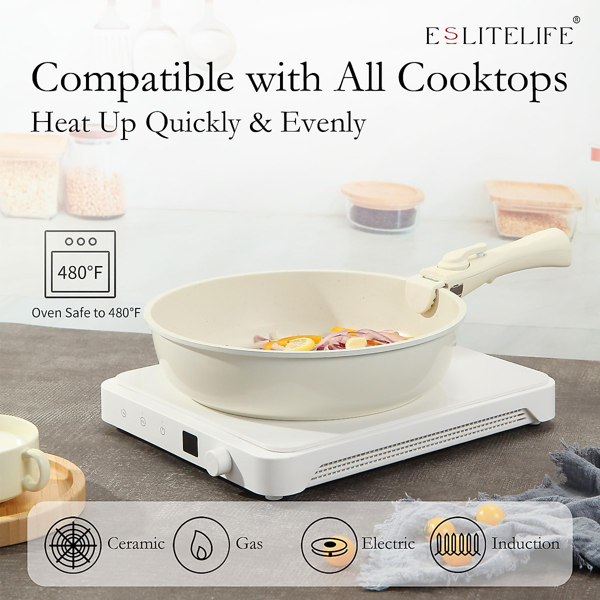 ESLITE LIFE Nonstick Frying Pan Skillet Set with Detachable Handle, Healthy Granite Coating Egg Omelette Pan Stone Cookware Chef's Pan, PFOA Free(Cream, 4-Piece)