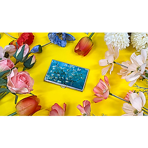 Mother of Pearl Business Card Case Credit Id Name Holder Travel Wallet Art Painting Design Metal Stainless Steel Engraved Slim Purse Pocket Cash Money Wallet (Almond Blossom)