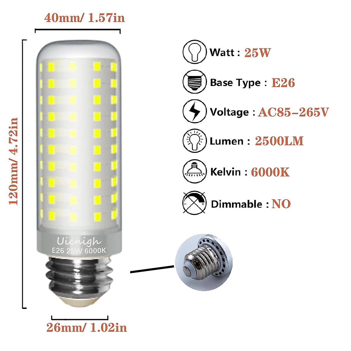 Uicnigh 25W LED Light Bulb 200 Watt Equivalent,Medium Screw Base E26 LED Bulb,6000K Daylight White Bright 2500LM for Home Lighting,Non-Dimmable Led bulb,3 Pack