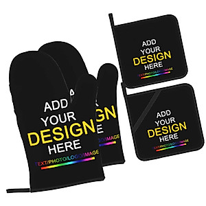 Personalized Heat Resistant Oven Mitts and Pot Holders Custom Picture Logo Text Customized Personalized Non-Slip Oven Mitt Set for Kitchen Cooking Baking Grilling Glove and Safe Mats Gift