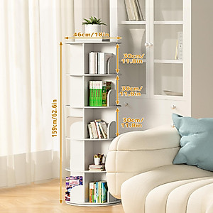 foriy 5 Tier Rotating Bookshelf 360° Revolving Bookcase Modern Tall Book Shelf Storage Display Rack Floor Standing Shelves with Baffle for Home Living Room Study Office White 63''X18''X18''