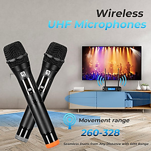 Vangoa UHF Wireless Microphone System, Professional Dual Channel Handheld Dynamic Mic Set, 328ft, High Sensitive Mic System for Karaoke, Church, Party, DJ, Meeting, Wedding