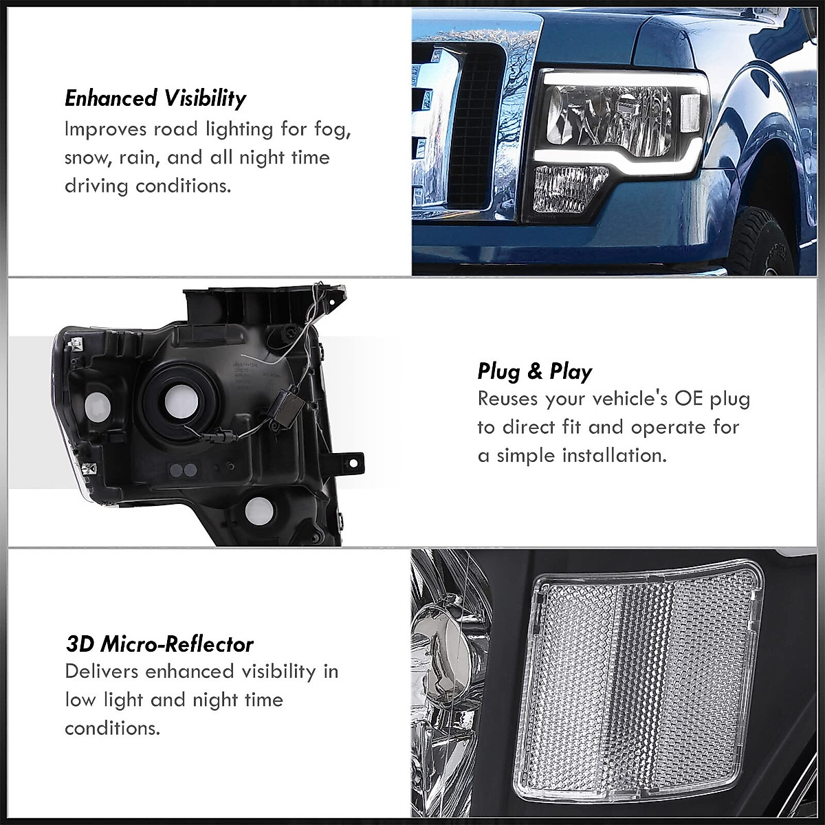 AJP Distributors LED DRL Tube Bar Driving Head Lights Lamps Halogen Bumper Signal Housing Assembly Pair Left+Right Compatible/Replacement For F-150 F150 2009 2010 2011 2012 2013 2014 09 10 11 12 13 14