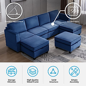 Horgaeo Reversible Sleeper Sectional Sofa, Modular U Shaped Couch with Storage Ottoman, Angle-Adjustable Armrest Velvet Fabric Sofa with Convertible Chaise for Living Room, Apartment, Studio (Blue)