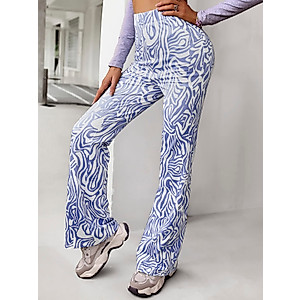 WDIRARA Women's Flare Leg All Over Print Tummy Control High Waisted Bootcut Yoga Pants Blue and White L