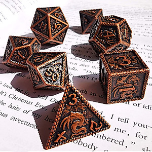 MJDICEOK Dragon Metal DND Dice Set 7 Role Playing Dice Solid D&D Dice Red Copper