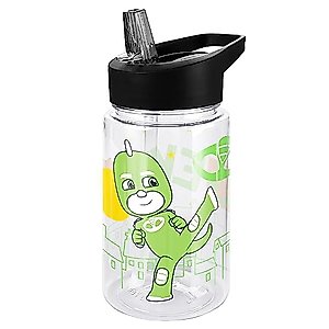 LOGOVISION PJ Masks Kids Tritan Plastic Water Bottle with Straw Lid and Handle, Reusable Tumbler for Toddlers, Unisex for Girls and Boys, 12oz, Big Gekko