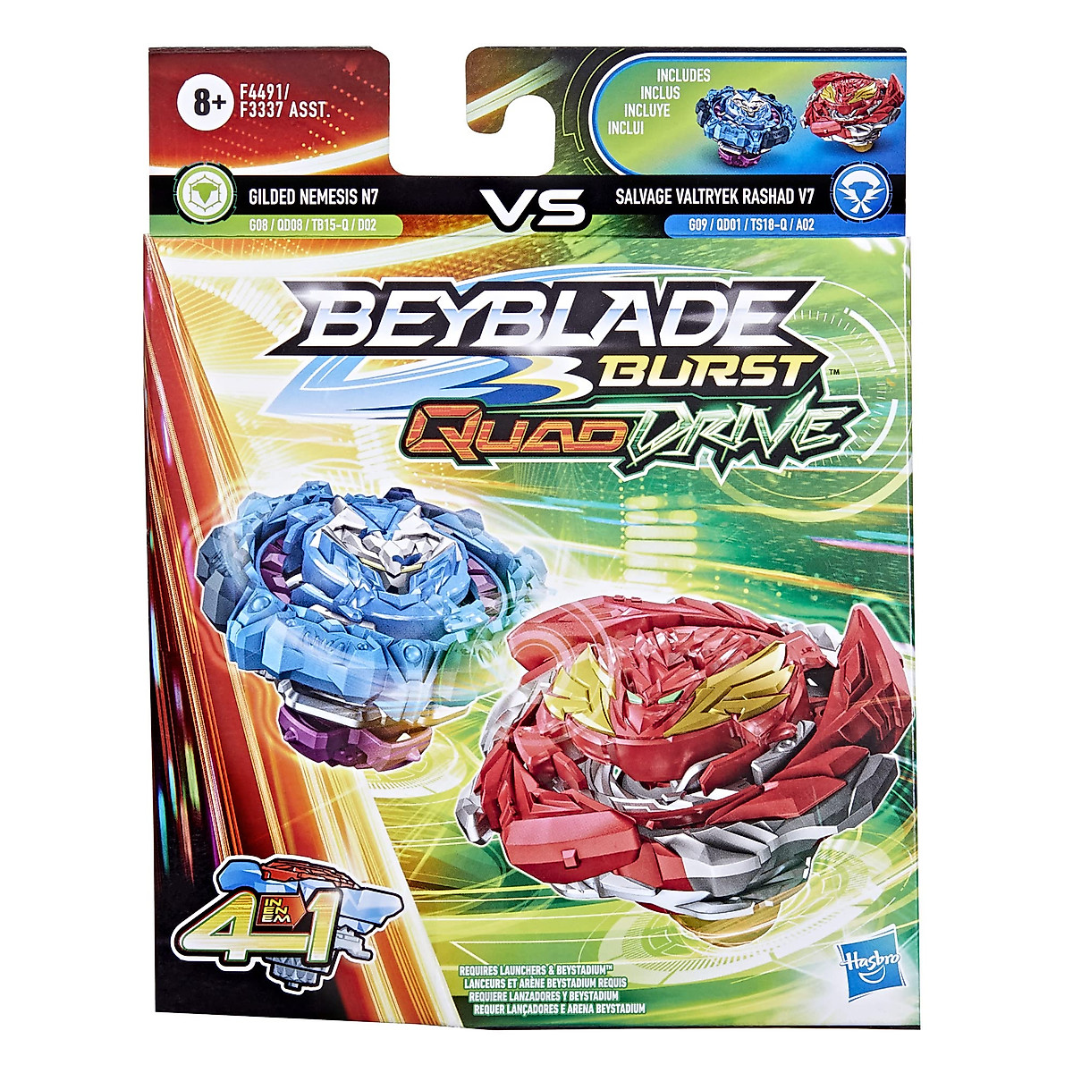 BEYBLADE Burst QuadDrive Salvage Valtryek Rashad V7 and Gilded Nemesis N7 Spinning Top Dual Pack -- 2 Battling Game Top Toy for Kids Ages 8 and Up