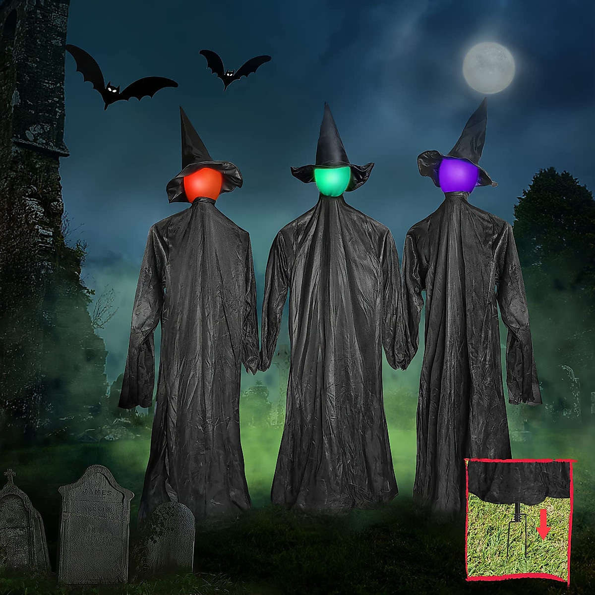 3 Witches Halloween Decorations Outdoor 5'5" Light Up Witches Holding Hands Outside Scary Decor Standing Witch with LED and Voice Control for Garden Yard Haunted House Porch