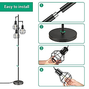 EDISHINE Industrial Floor Lamp, Dimmable Farmhouse Standing Lamp for Living Room, Sturdy Base, Rustic Tall Tree Reading Lamps Home Decor for Bedroom, Office, Black (3 LED Edison Bulbs Included)