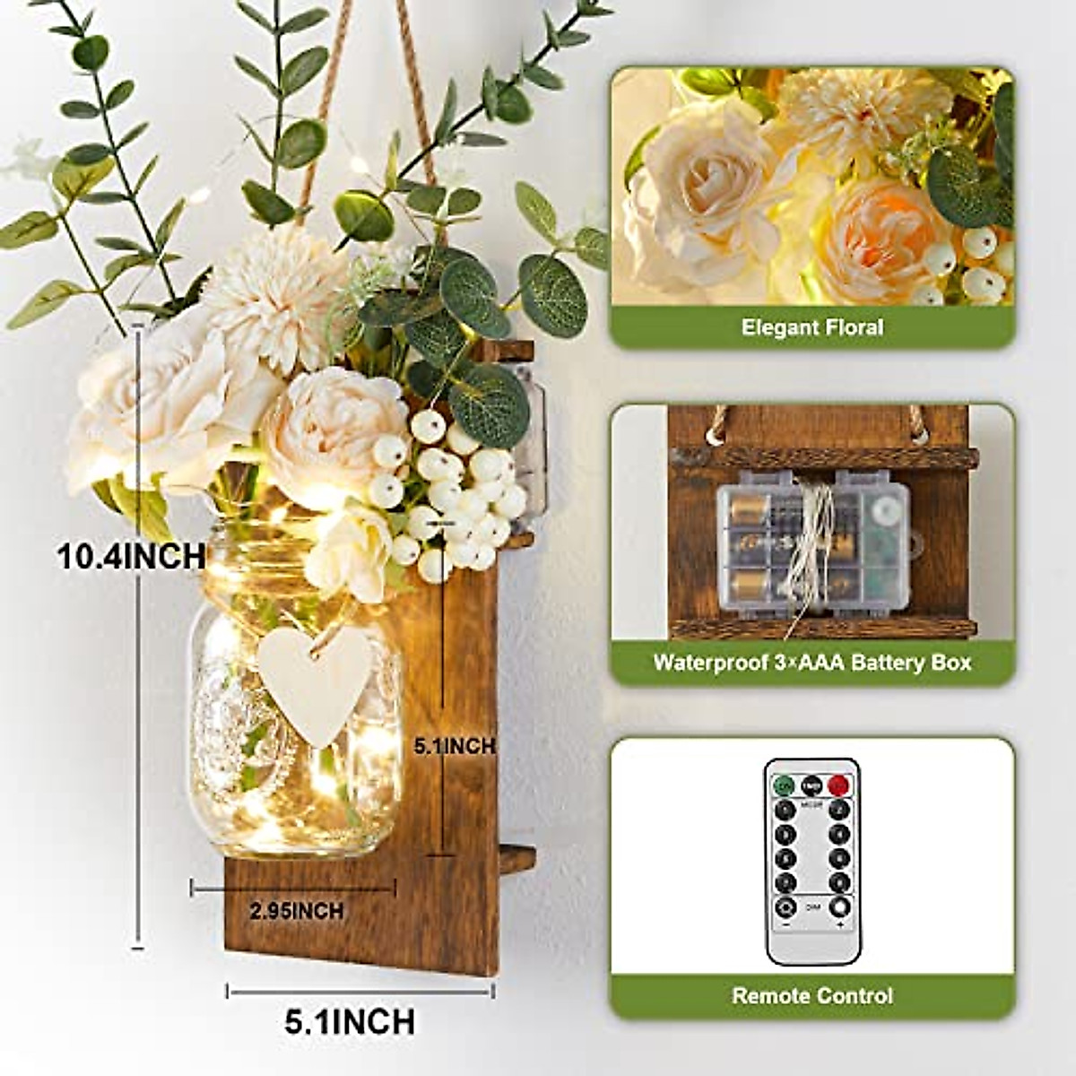 Party Joy Mason Jar Sconces Set of 2 Spring Decor Wall Decor Rustic Wall Sconces with Remote Control LED Fairy Lights and Artificial Flowers Bathroom Decor Home Decor with Lights