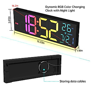 Digital Wall Clock Large Display, 16.2" Digital Wall Clock with RGB Color Changing Remote Control, Automatic Brightness Dimmer with Night Lights, Auto DST, Date Week,Temperature