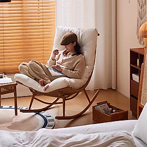 NRNQMTFZ Upholstered High-Back Glider Chair,Patio Rattan Rocker Chair with Cushions & Steel Frame, All-Weather Rocking Lawn Wicker Furniture for Garden Backyard Porch(White)