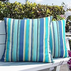 Adabana Blue Outdoor Waterproof Throw Pillow Covers 18x18, Decorative Colorful Striped Pillows Cover Set of 2 for Patio Garden Porch