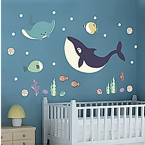 Ocean Fish Wall Decals Peel and Stick 39" Large Whale Wall Decal Under The Sea Wall Stickers for Kids Bedroom Ocean Decal Stickers for Baby Girl Boy Room Decor Undersea Fish Decor Wallpaper Stickers Mural Wall Art for Nursery Underwater Fish Decal