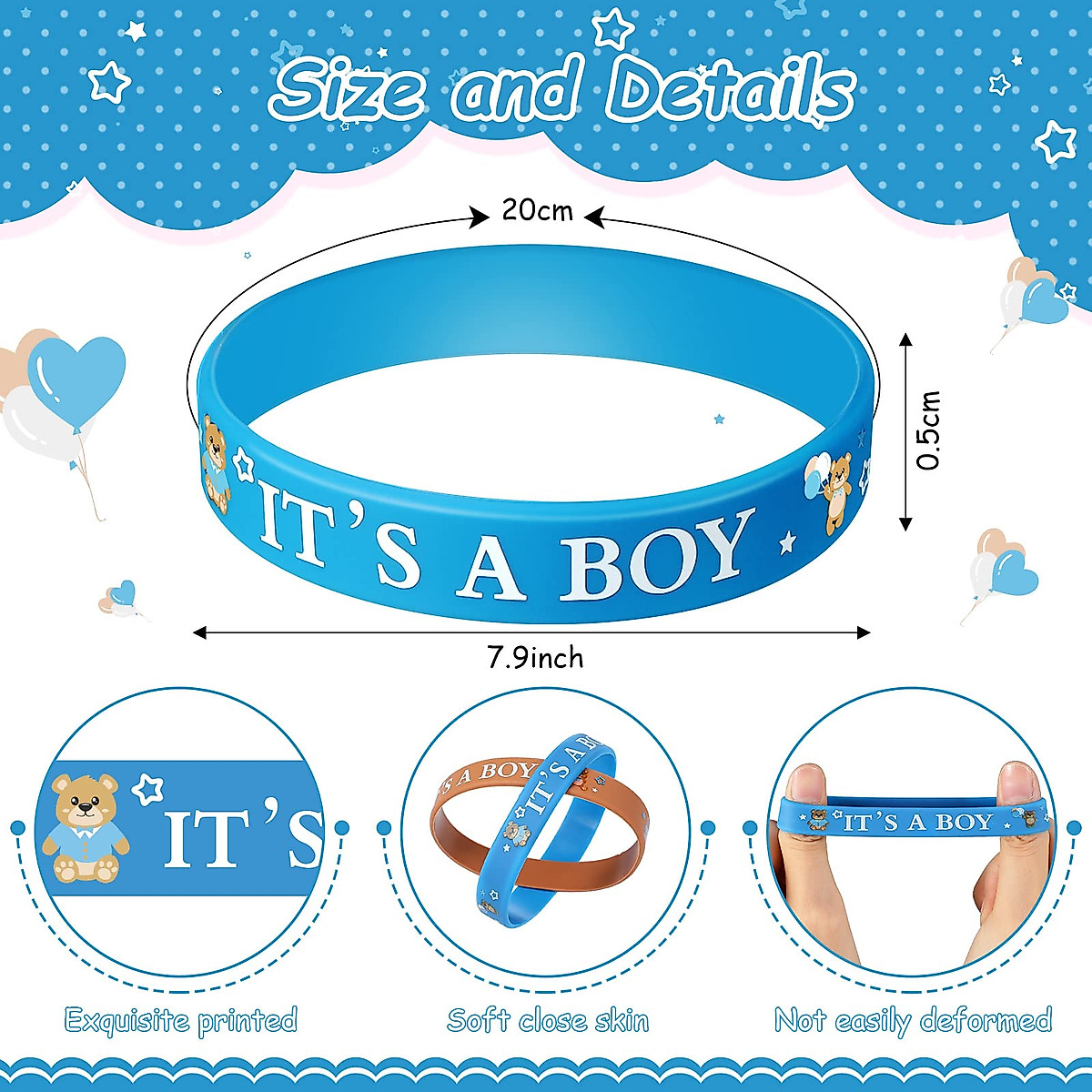 Zomiboo 36 Pieces Baby Shower Rubber Bracelets, It's a Boy It's a Girl Wristbands Elephant Baby Shower Decorations for Boy Girl Baby Shower Party Favor Gender Reveal Party Supplies (Bear Style)
