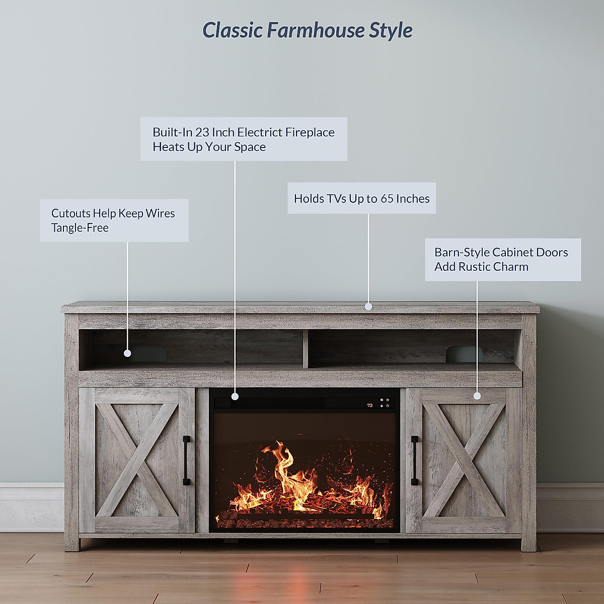 BELLEZE Barn Door Wood Electric Fireplace TV Stand for TVs up to 65 Inches Open Shelves and Cabinets Media Entertainment Center Console Table - Corin (Gray Wash)