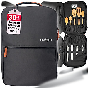 Chef Knife Bag | Premium Knife Case | Waterproof Material | Chefs Case with 30+ Pockets for Knives & Utensils | Culinary Gifts For Chefs & Students | Sturdy Travel Knife Bag (Black)