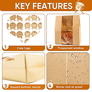 KEQ Bread Bags for Homemade Bread-Paper Bread Bag with Window-50 Pcs Sourdough Bread Bags with 60 Cute(10 Write-On) Sealing Stickers-Large Bakery Bags for Home Bakers & Bakery Owners