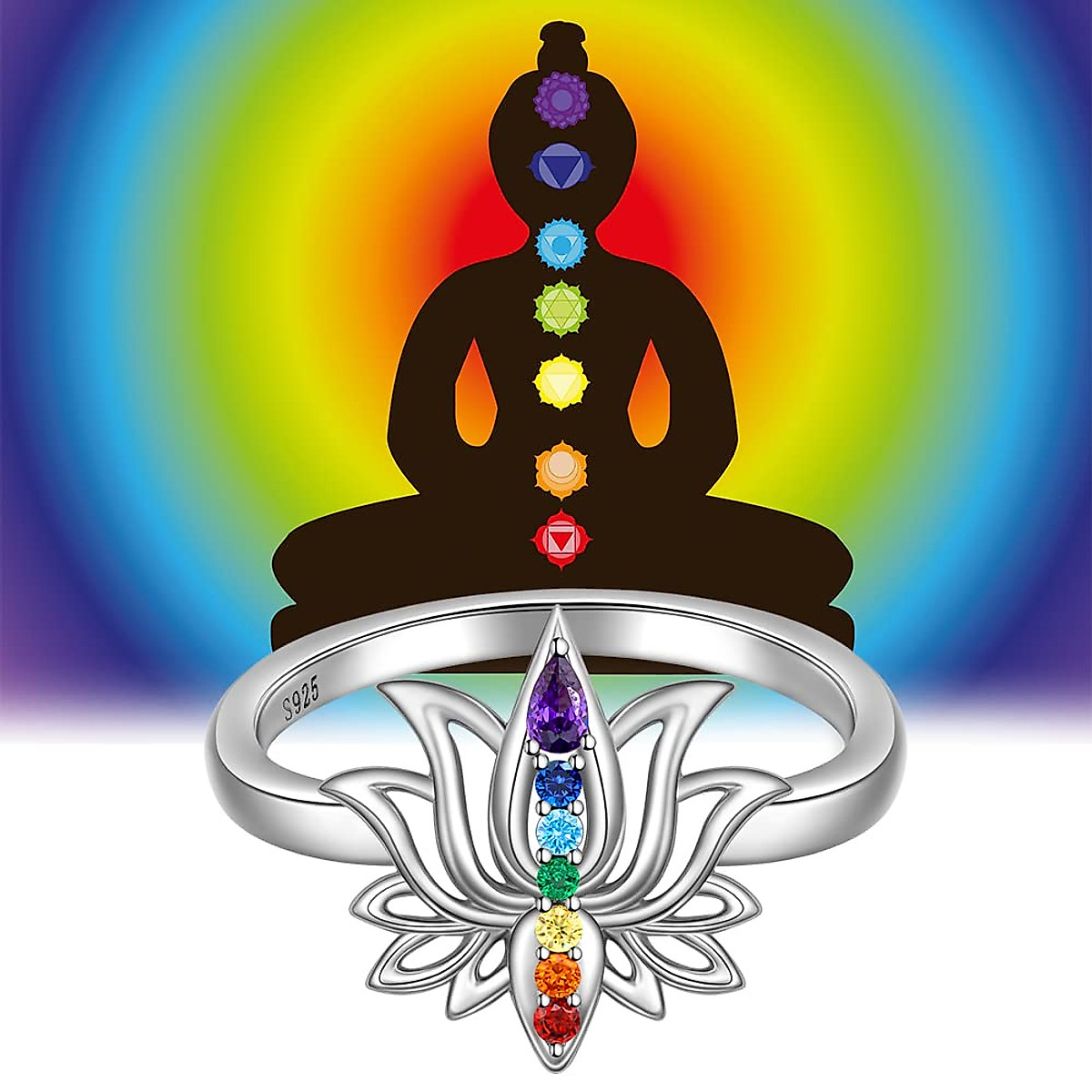 Jewlikee Lotus Ring 7 Chakra Rings for Women Sterling Silver Lotus Flower Yoga Energy Balance Chakras Jewelry Meditation Anxiety Relief Size 7