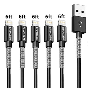 iPhone Charger Cable Sharllen Spring iPhone Lightning Cable 5Pack 6FT USB Fast Charging & Data Sync Cord Long iPhone Charging Cable Compatible iPhone Xs/Max/XR/X/8/8P/7/7P/6/6S/SE/iPad/iPod Black