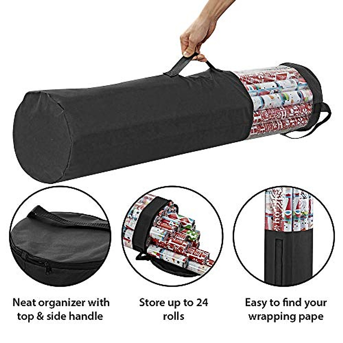 ProPik Wrapping Paper Storage Organizer Bag, Store Up To 24 Rolls 40 Inch, Heavy Duty Polyester plus PVC Clear Bag with Handles and Zippered Top for Gift Wrap and Ribbons (Black)