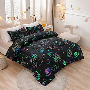 Aimuan Space Bedding Twin Bed Comforter Kids Rocket Bedding Set Super Soft & Cute Aliens UFO Printed for Boys Girls Teen (Black, Twin)