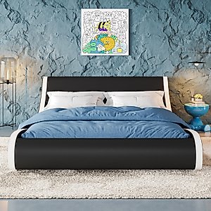 Allewie Upholstered King Size Platform Bed Frame Modern Low Profile Sleigh Bed with Faux Leather Ergonomic Headboard, Wood Slat Support, Easy Assembly, No Box Spring Needed, Black and White