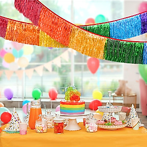 LOLStar Rainbow Foil Fringe Garland Party Decorations, 6 Feet Rainbow Tinsel Metallic Glitter Banner, Hanging Rainbow Table Skirts for Birthday Wedding Christmas Pride Month Parade Floats Decor