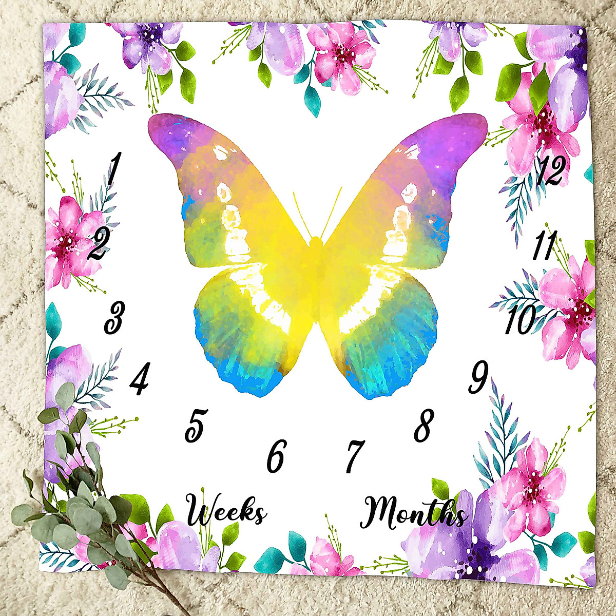 LYLYCTY Baby Monthly Milestone Blanket for 1 to 12 Months Baby, Flower and Butterfly Blanket for Baby Pictures Personalized, Includes Wreath and Frame 47"x47" BTZYLY36