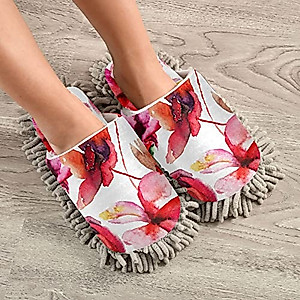 Watercolor Red Flowers Mop Slippers Shoes Cover for Floor Cleaning Washable Dirty Dust Hair Cleaners Microfiber Mop Socks for Kitchen Office House